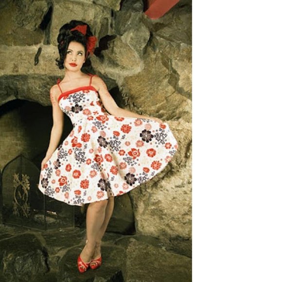 Pinup Couture | Dresses | Pinup Couture Retro Netti Dress In Red Asian Floral Poplin Swing ...